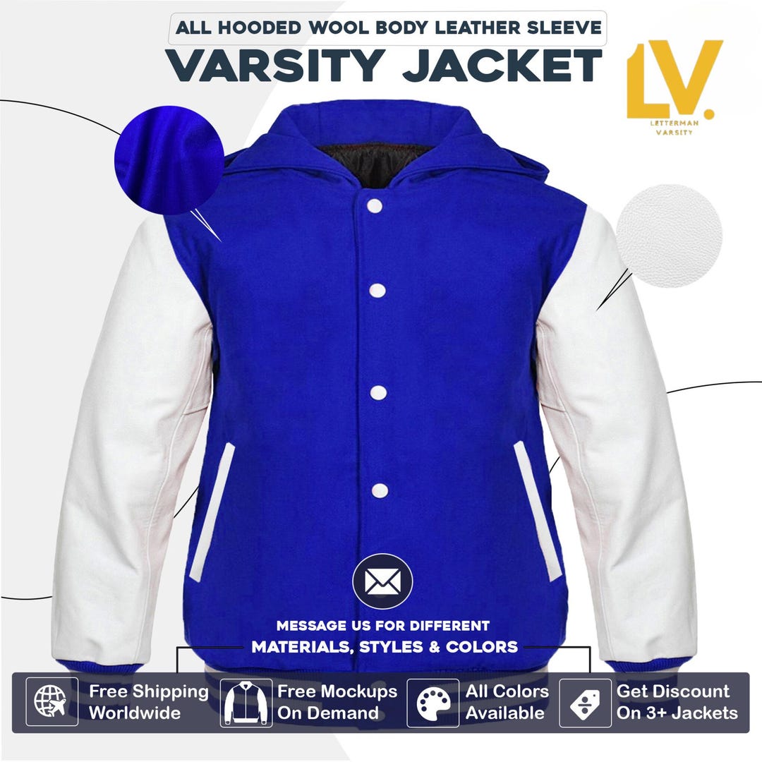 Varsity Letterman Jacket for Men Women and Kids Royal Blue Hooded Body ...