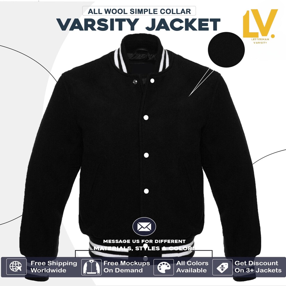 Varsity Letterman Jacket for Men, Women & Kids Black Simple Collar ...