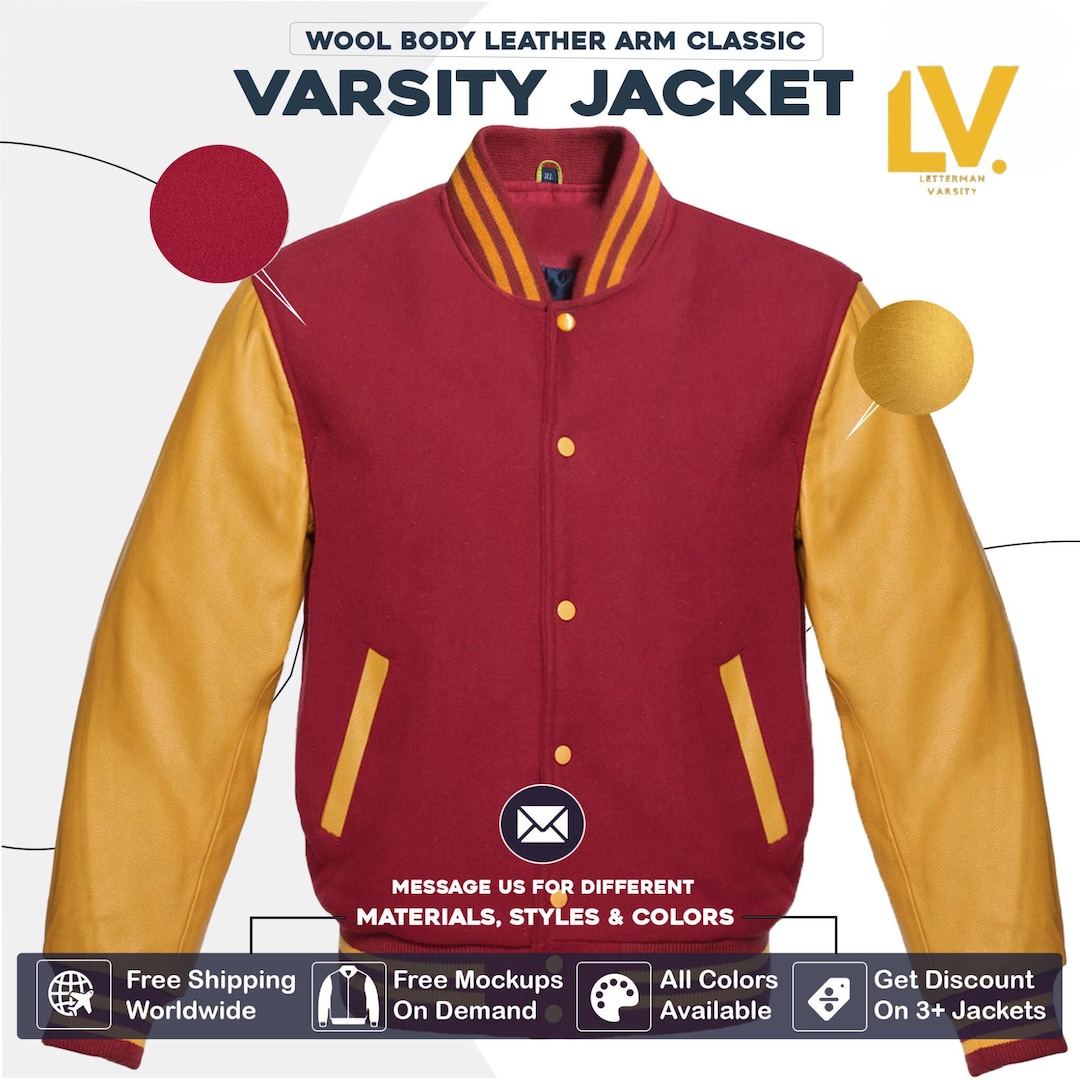 Varsity Letterman Jacket Maroon Body Gold Sleeves College Jacket for ...