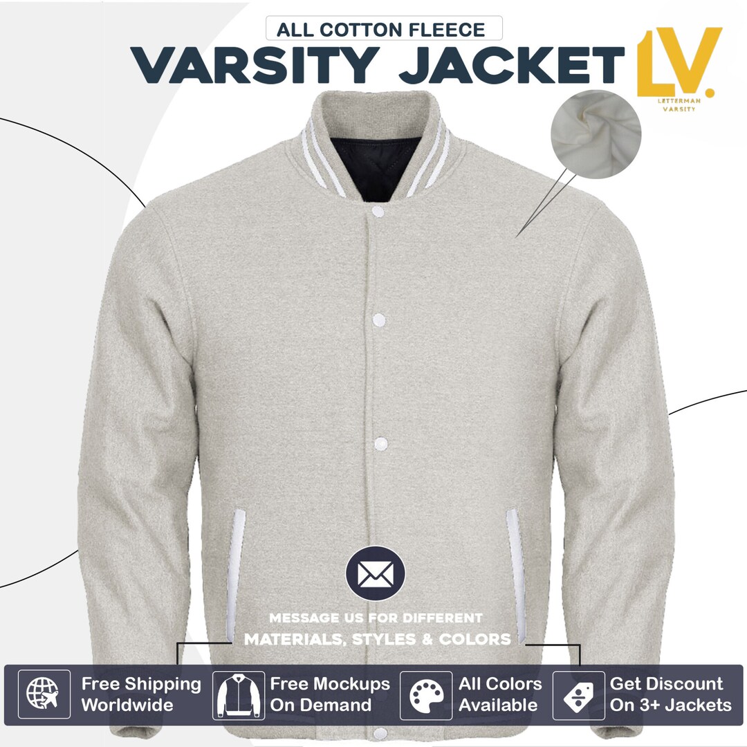 Varsity Letterman Jacket for Men Women and Kids Ivory Cotton Fleece ...