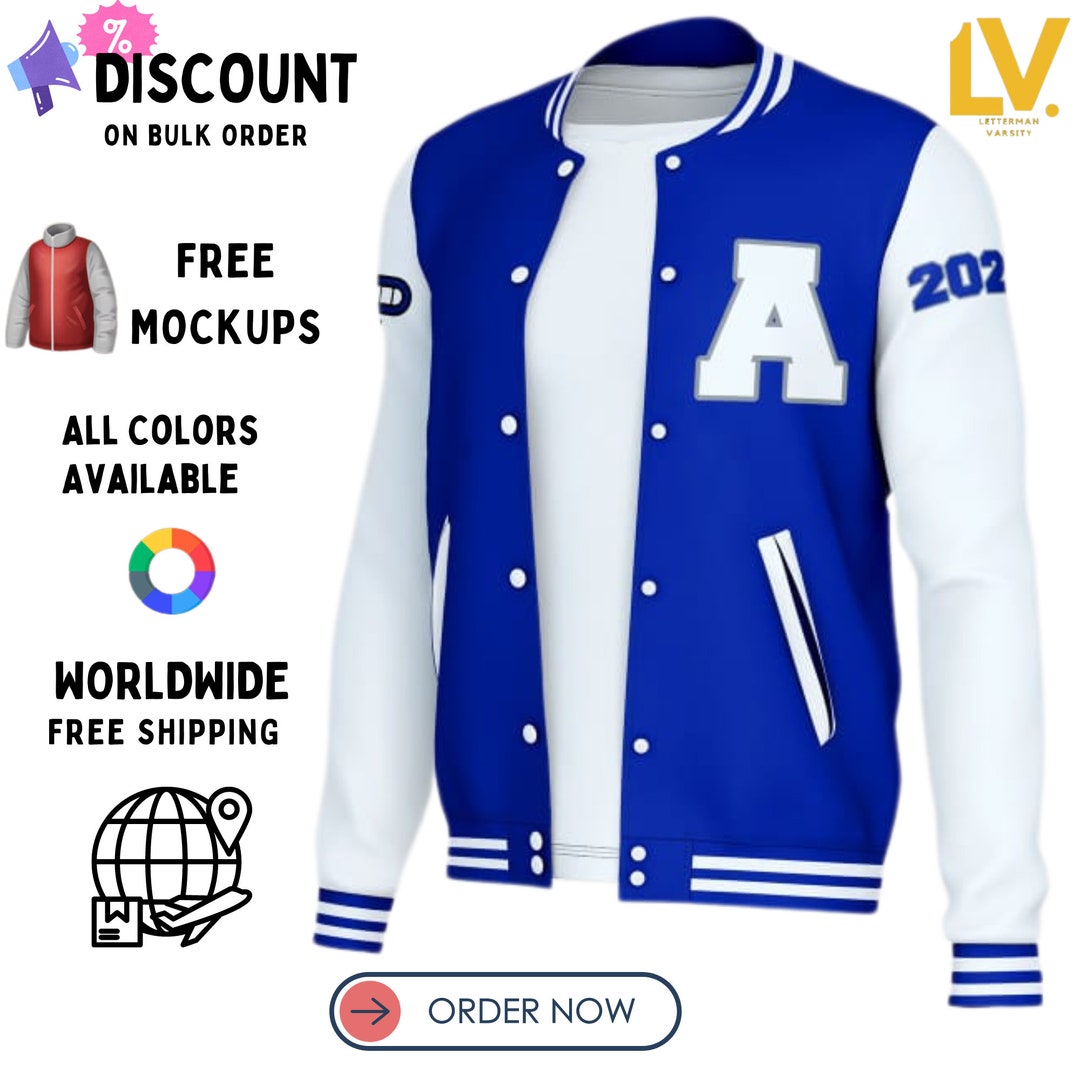 Varsity Letterman Jacket for Men Women and Kids Custom Bomber Blue and ...