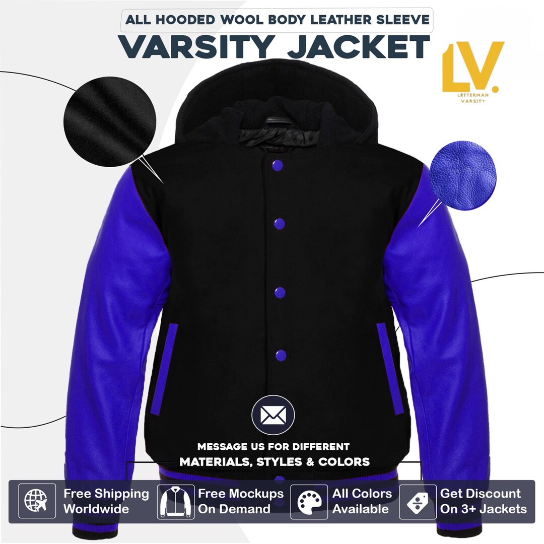 Letterman Varsity Jacket Hooded Black Body Royal Blue Sleeves ...