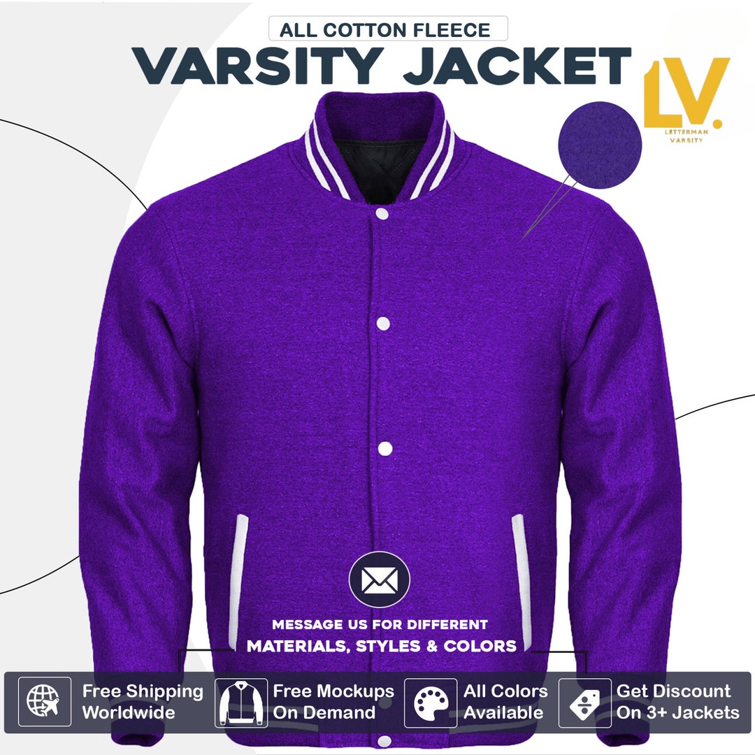 Varsity Letterman Jacket for Men Women & Kids Purple Cotton Fleece ...