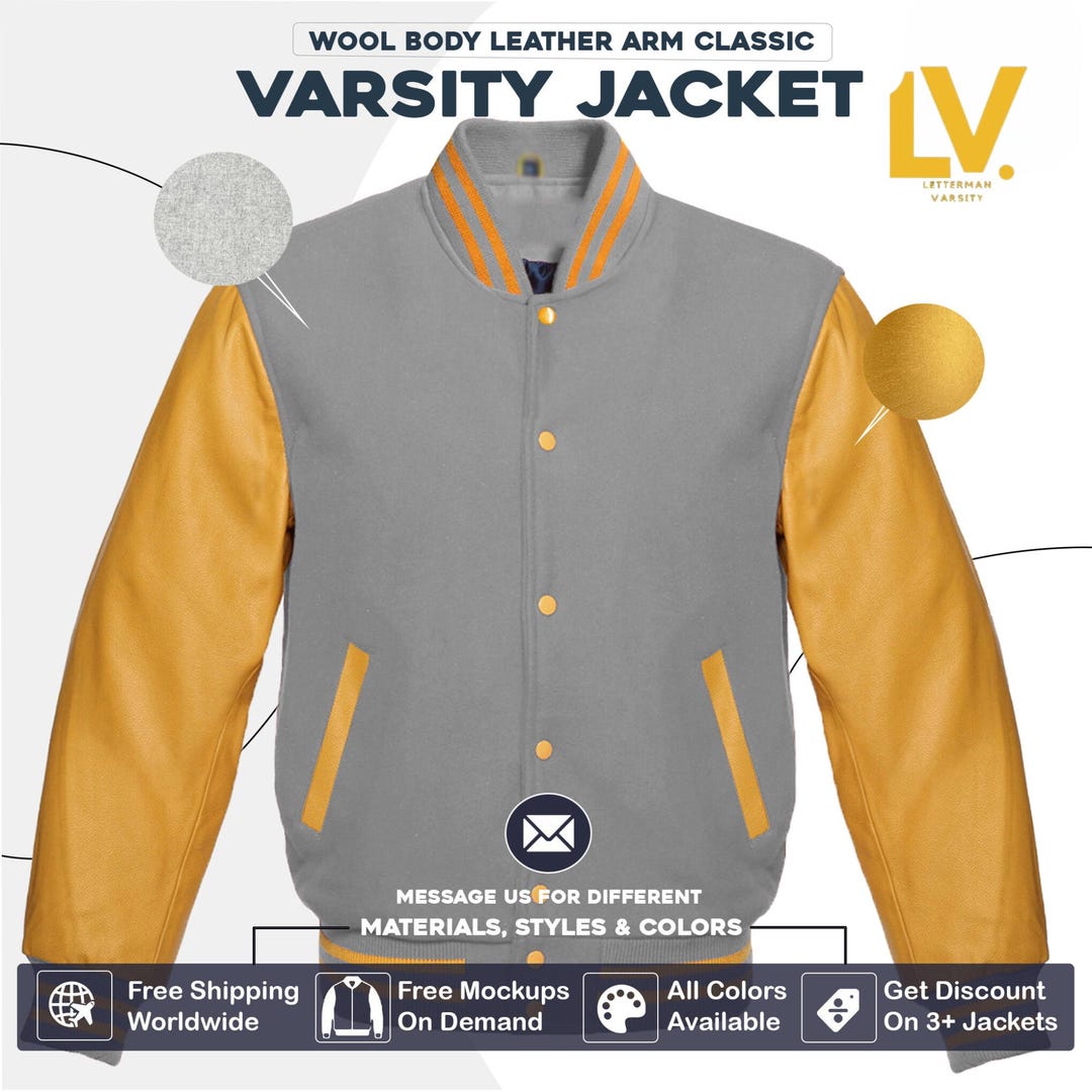 Varsity Letterman Jacket for Men Women and Kids Gray Body Gold Sleeve ...