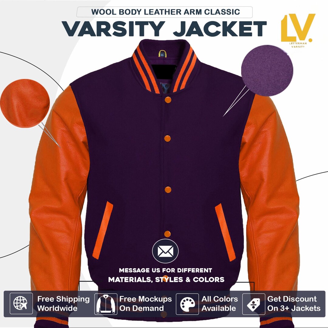 Letterman Varsity Jacket for Men, Women & Kids Purple Body Orange ...