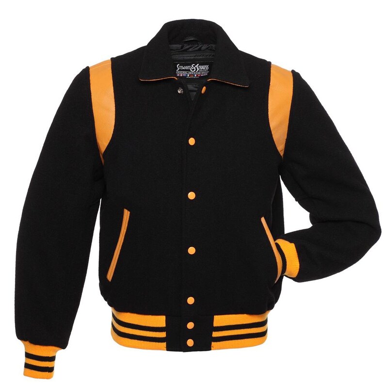 Letterman Varsity Jacket Gold Striped Shoulders Black Body Personalized ...