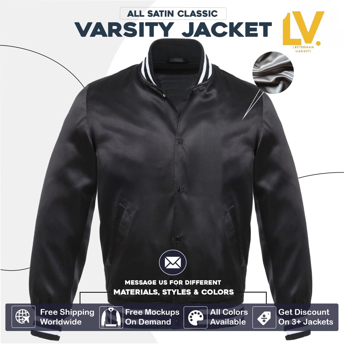 Varsity Letterman Jacket Satin Black Graduation Bomber Jacket for Men ...