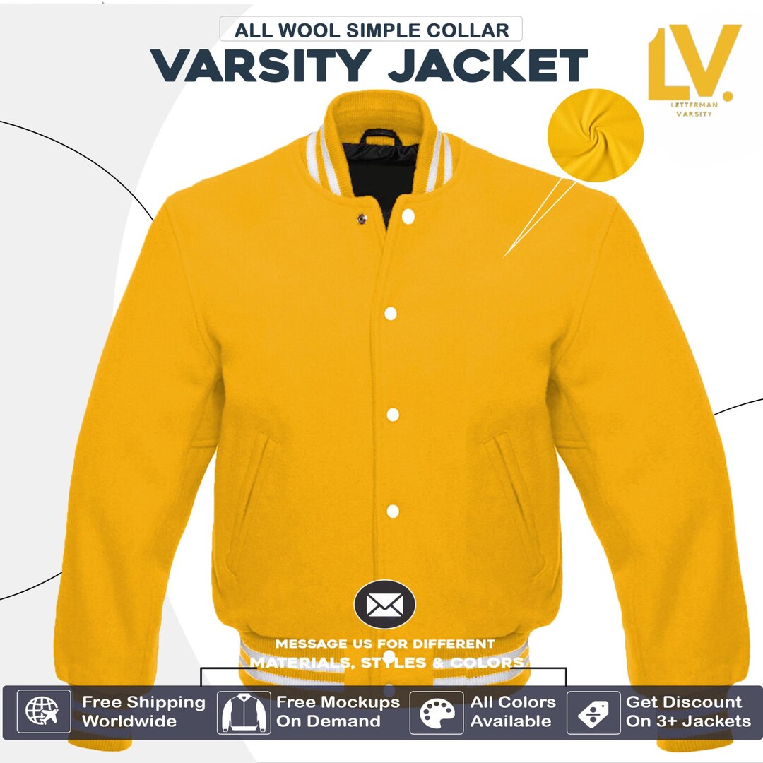 Varsity Letterman Jacket Yellow Simple Collar for Men, Women & Kids ...