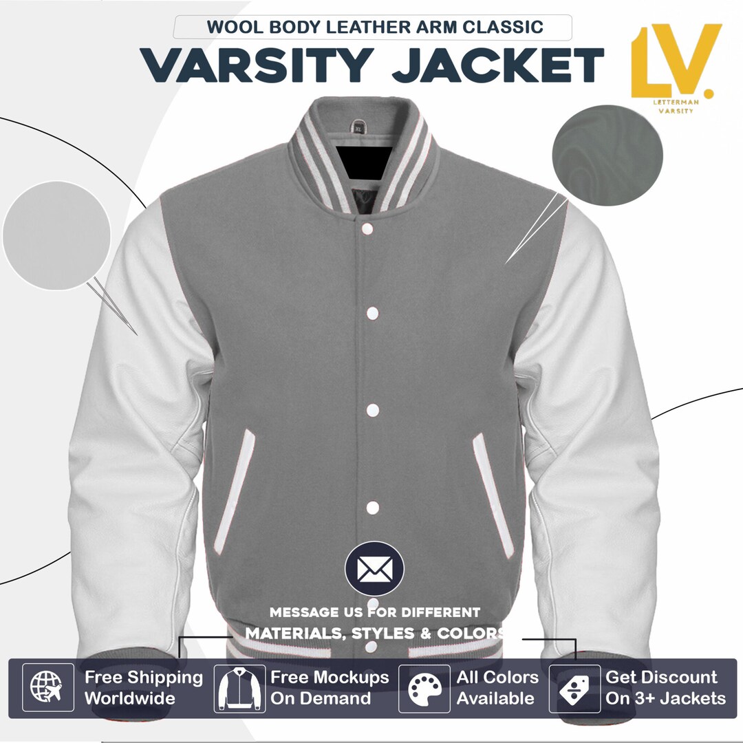 Varsity Letterman Jacket for Men Women and Kids Gray Body White Sleeves ...