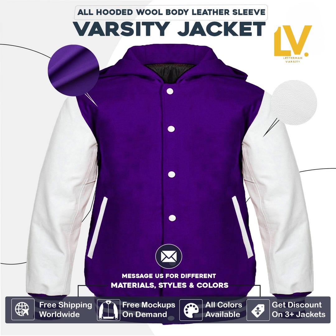 Letterman Varsity Jacket for Men, Women & Kids Hooded Purple Body White ...