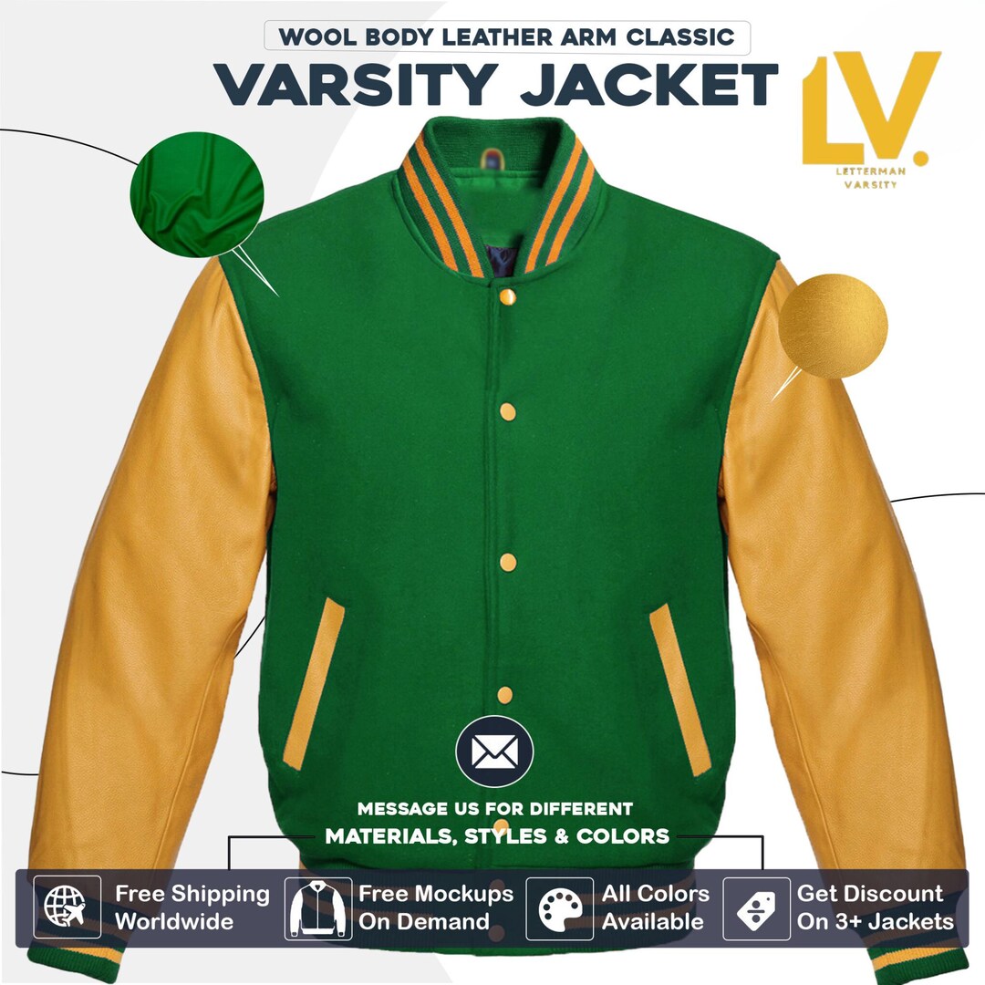 Varsity Letterman Jacket Green Body Gold Sleeves Soccer Bomber Jacket ...