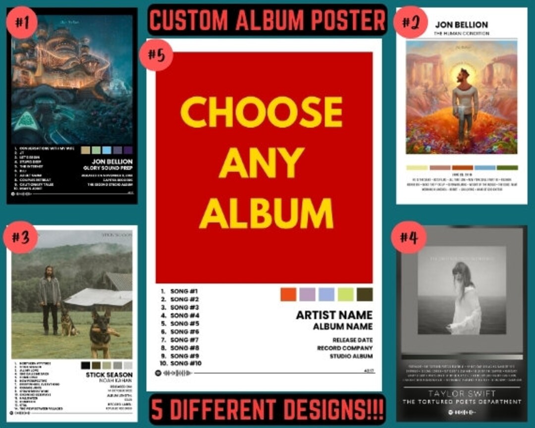 Custom Album Poster 5 DESIGNS Music Wall Art, Album Cover Print, Choose ...