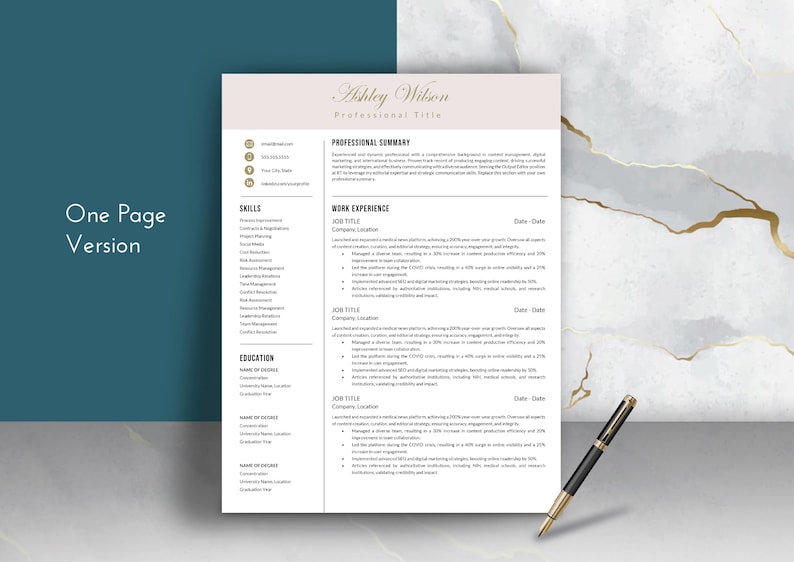 2025 Stylish Marketing Resume Template • Modern 1 and 2 Page CV With ...