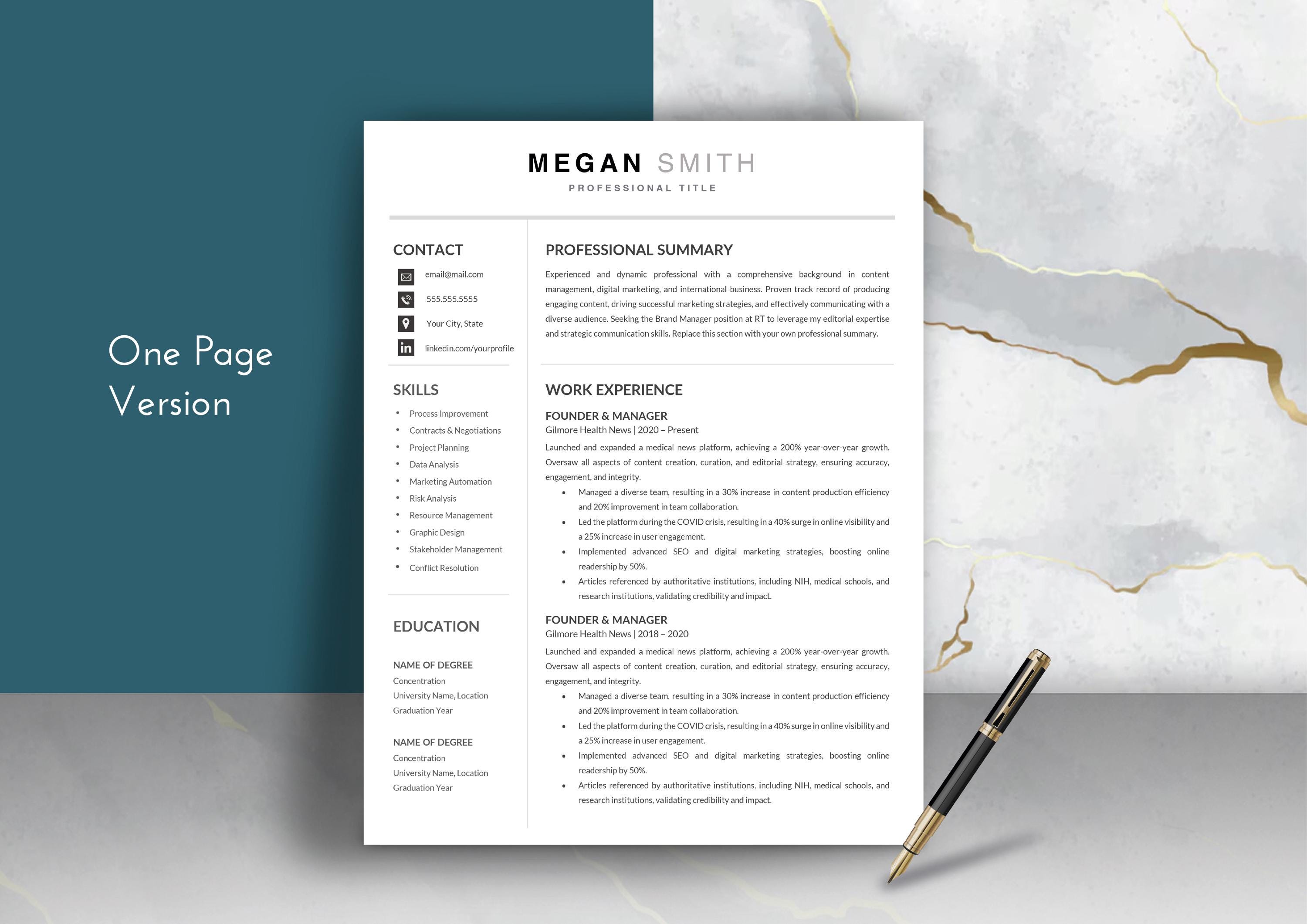 2026 Modern Professional Resume Template • 1 and 2 Page CV With Cover ...