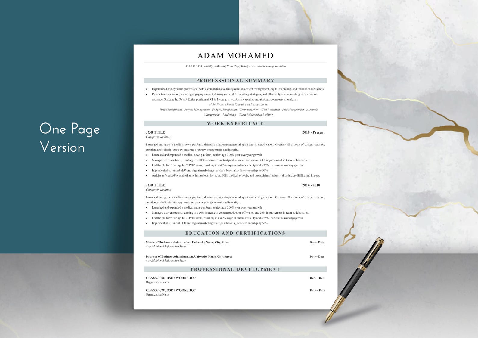 2026 Executive MBA Resume Template • Minimalist 1 and 2 Page Template ...