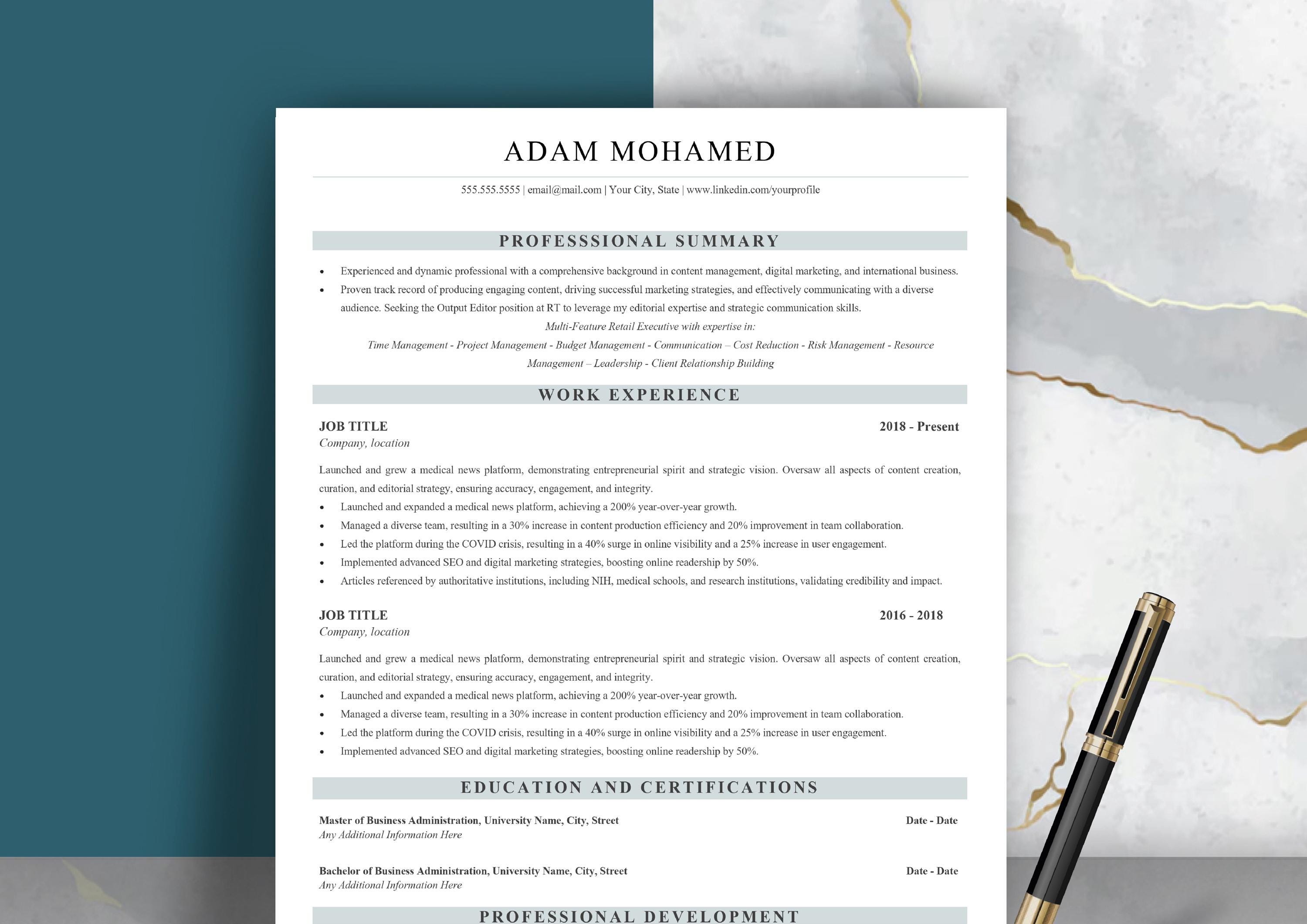 2026 Executive MBA Resume Template • Minimalist 1 and 2 Page Template ...