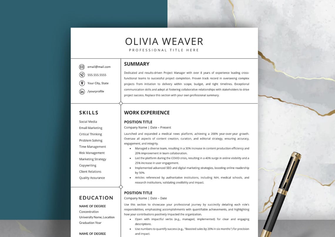 2026 Sleek Professional Resume Template for Professionals • 1 and 2 ...
