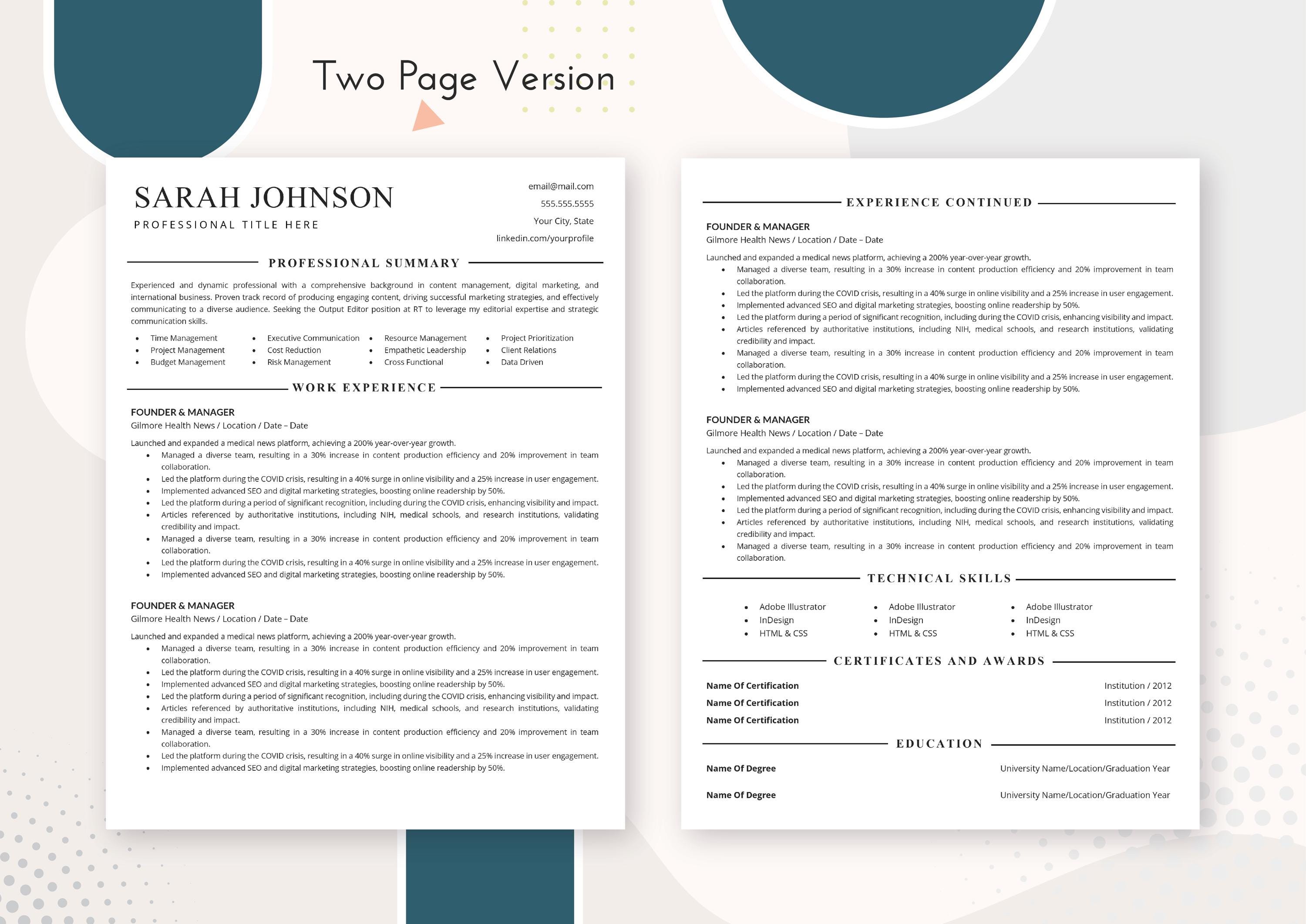 2025 Professional Job Seeker Resume Template • Modern 1 and 2 Page With ...