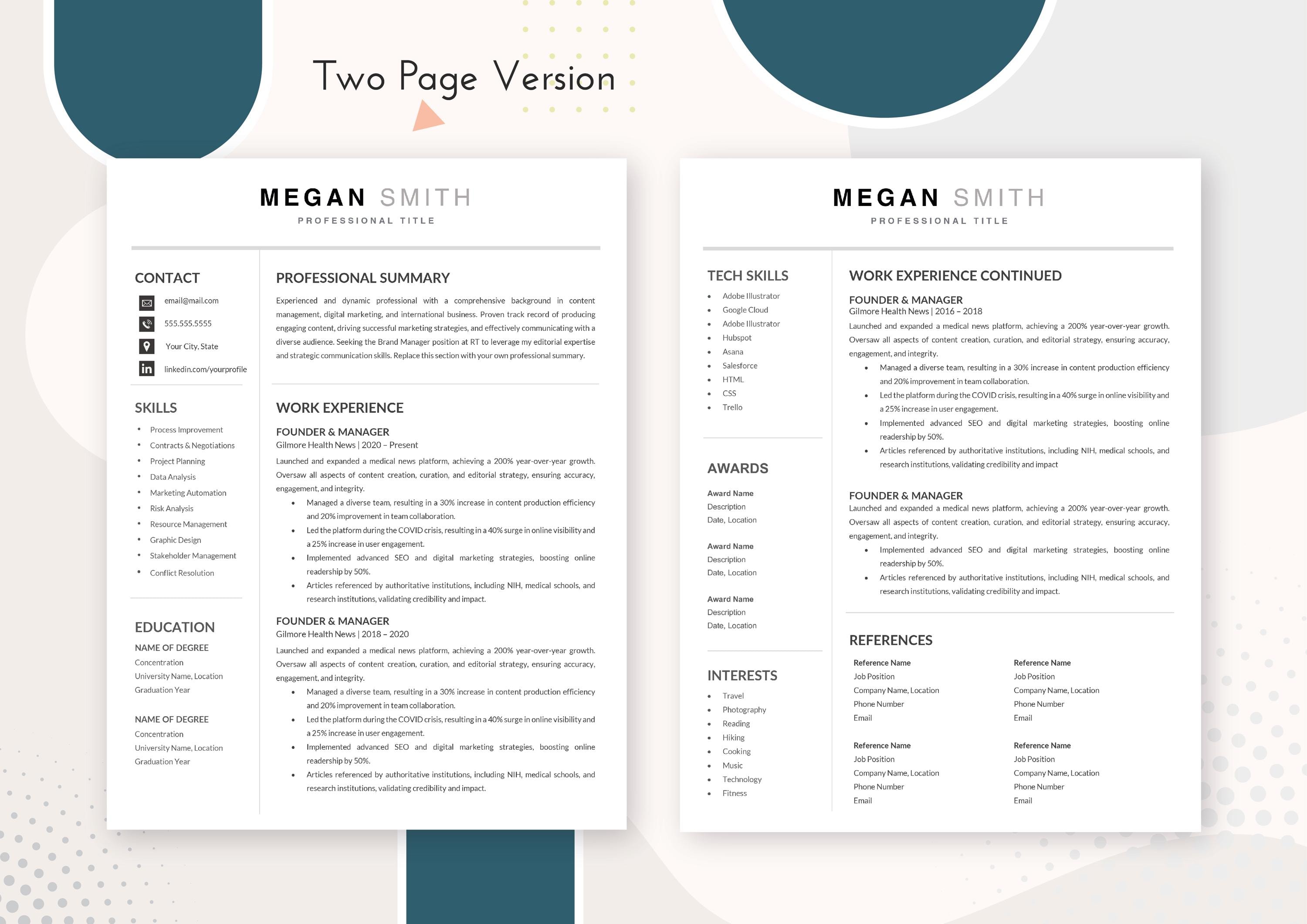 2026 Modern Professional Resume Template • 1 and 2 Page CV With Cover ...