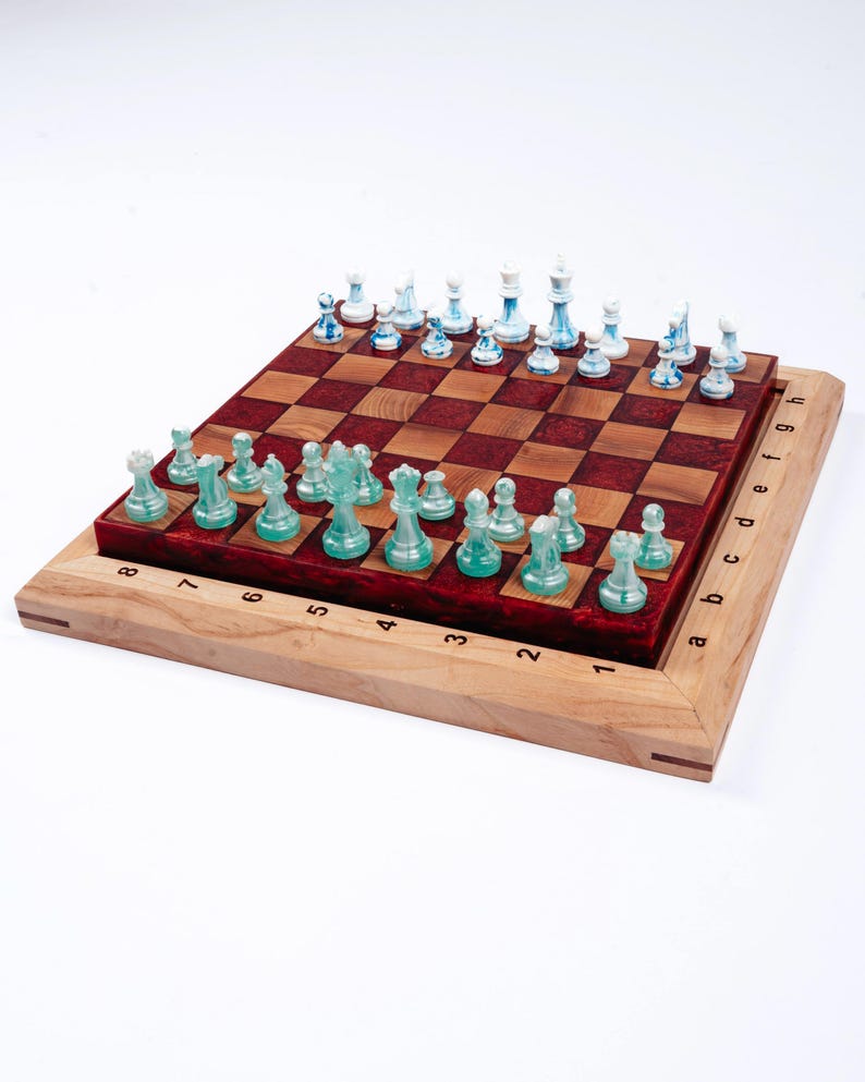 Red Epoxy Resin Chess Set, Handmade Ash Wood Chess Board Game, Luxury ...