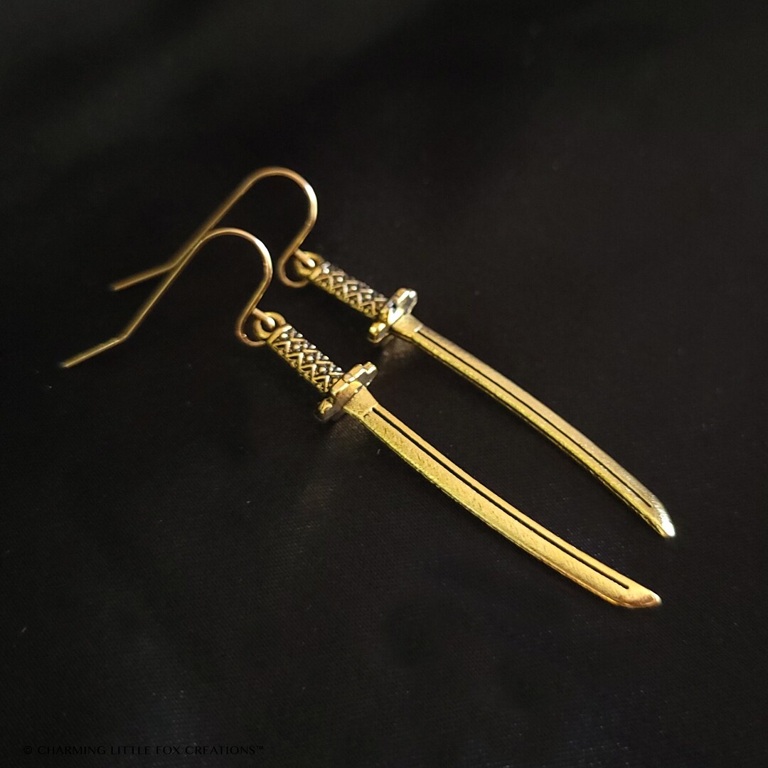 Gold Katana Sword Earrings, Hypoallergenic, Non-pierced Option ...