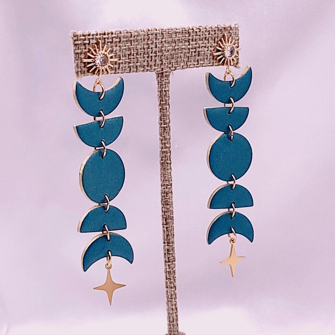 Teal Boho Moon Phase Statement Earrings, Hypoallergenic - Etsy