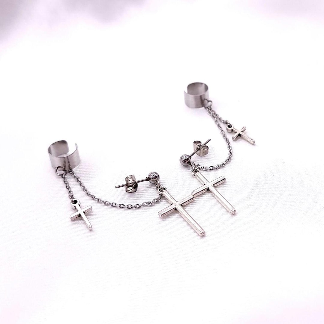 Goth Punk DPR Ian Inspired Cross Earring With Cuff, Hypoallergenic ...