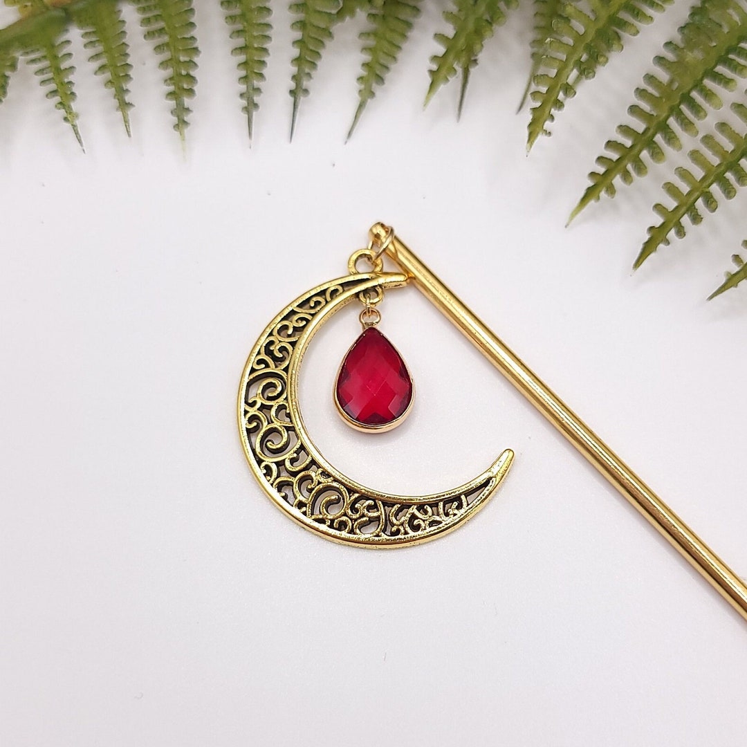 Gold Crescent Moon Hair Stick With Red Teardrop Gem, Hair Accessories ...