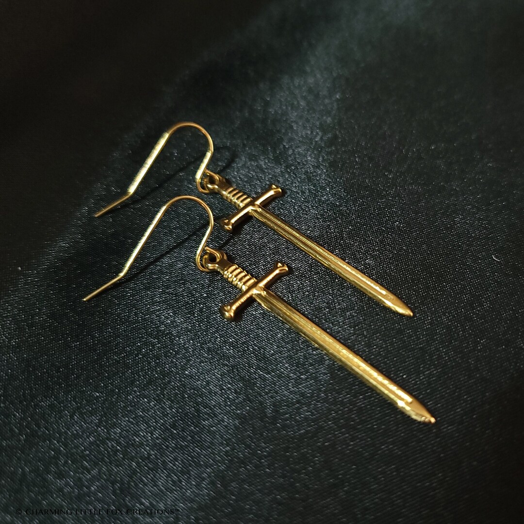 Gold Longsword Earrings, GWITCH, Hypoallergenic Hook, Clip on Option ...