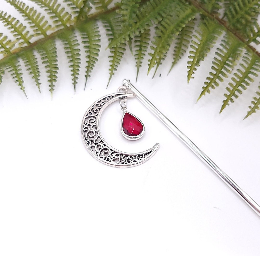 Silver Crescent Moon Hair Stick With Teardrop Gem, Hair Accessories - Etsy