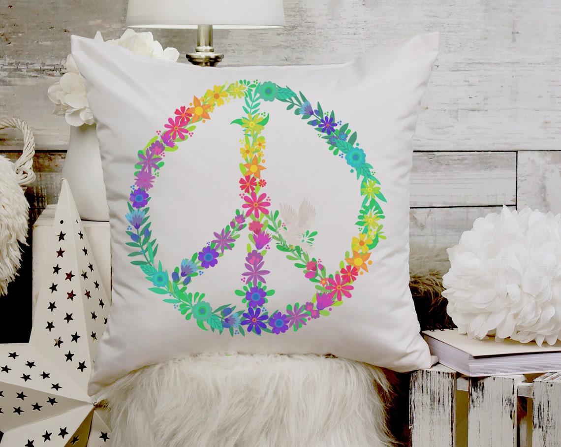 Peace Sign Cushion Floral Peace Sign Throw Pillow Rainbow - Etsy