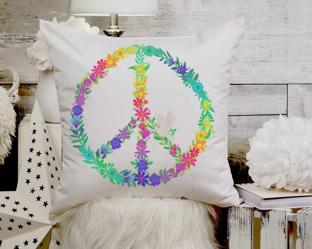 Peace Sign Cushion, Floral Peace Sign Throw Pillow, Rainbow Pillow ...
