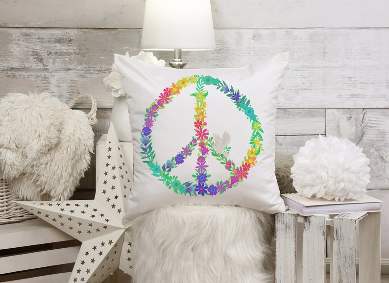 Peace Sign Cushion Floral Peace Sign Throw Pillow Rainbow - Etsy