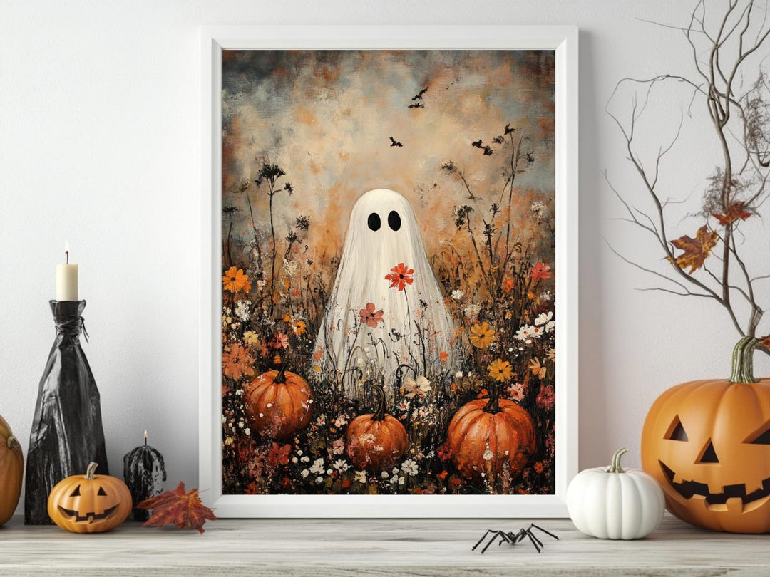 Vintage Cute Ghost Halloween Poster, Charming Pumpkins Field Acrylic ...
