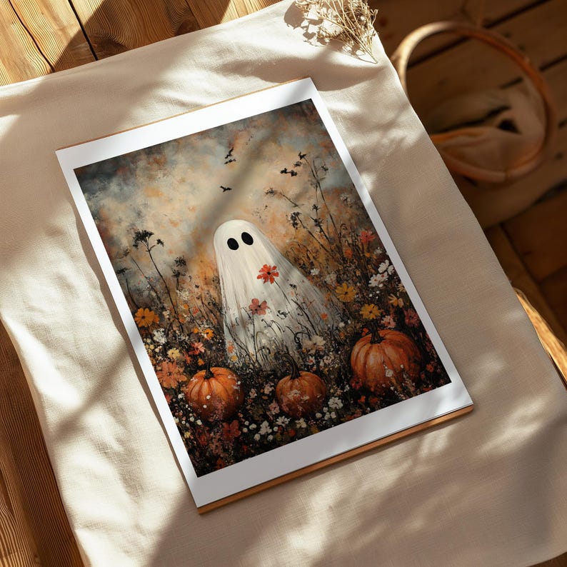 Vintage Cute Ghost Halloween Poster, Charming Pumpkins Field Acrylic ...