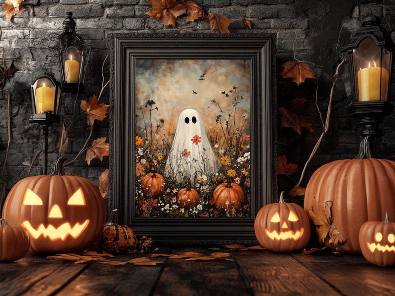Vintage Cute Ghost Halloween Poster, Charming Pumpkins Field Acrylic ...