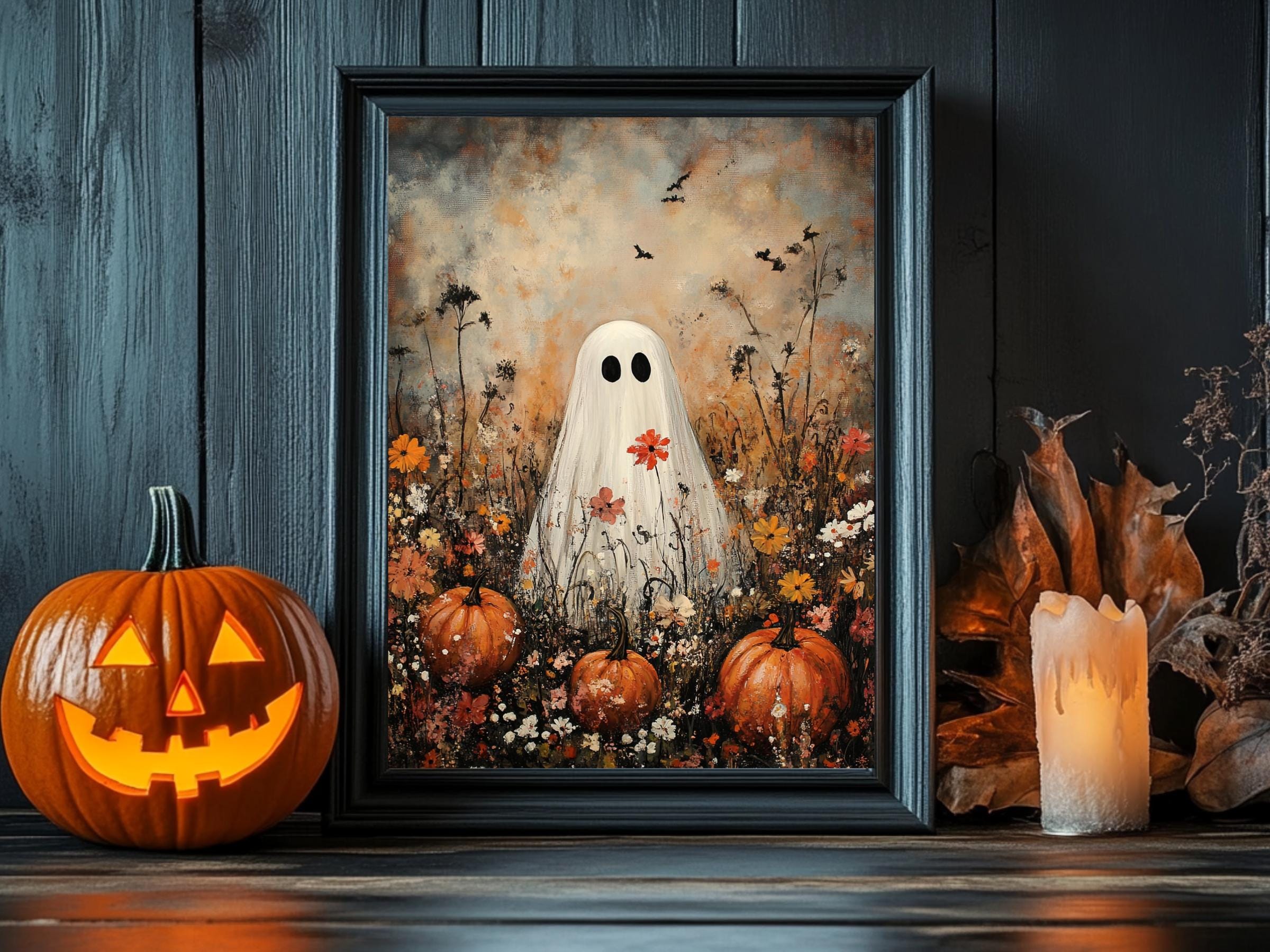Vintage Cute Ghost Halloween Poster, Charming Pumpkins Field Acrylic ...