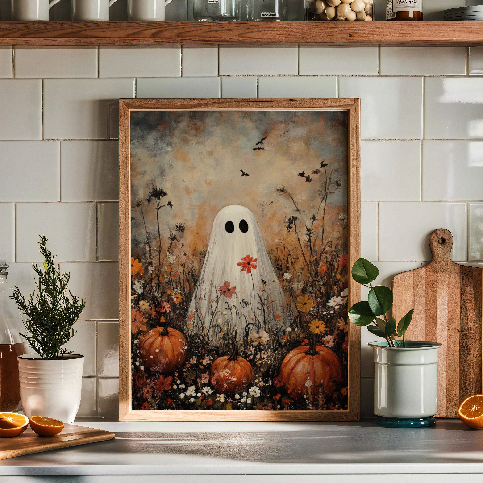 Vintage Cute Ghost Halloween Poster, Charming Pumpkins Field Acrylic ...