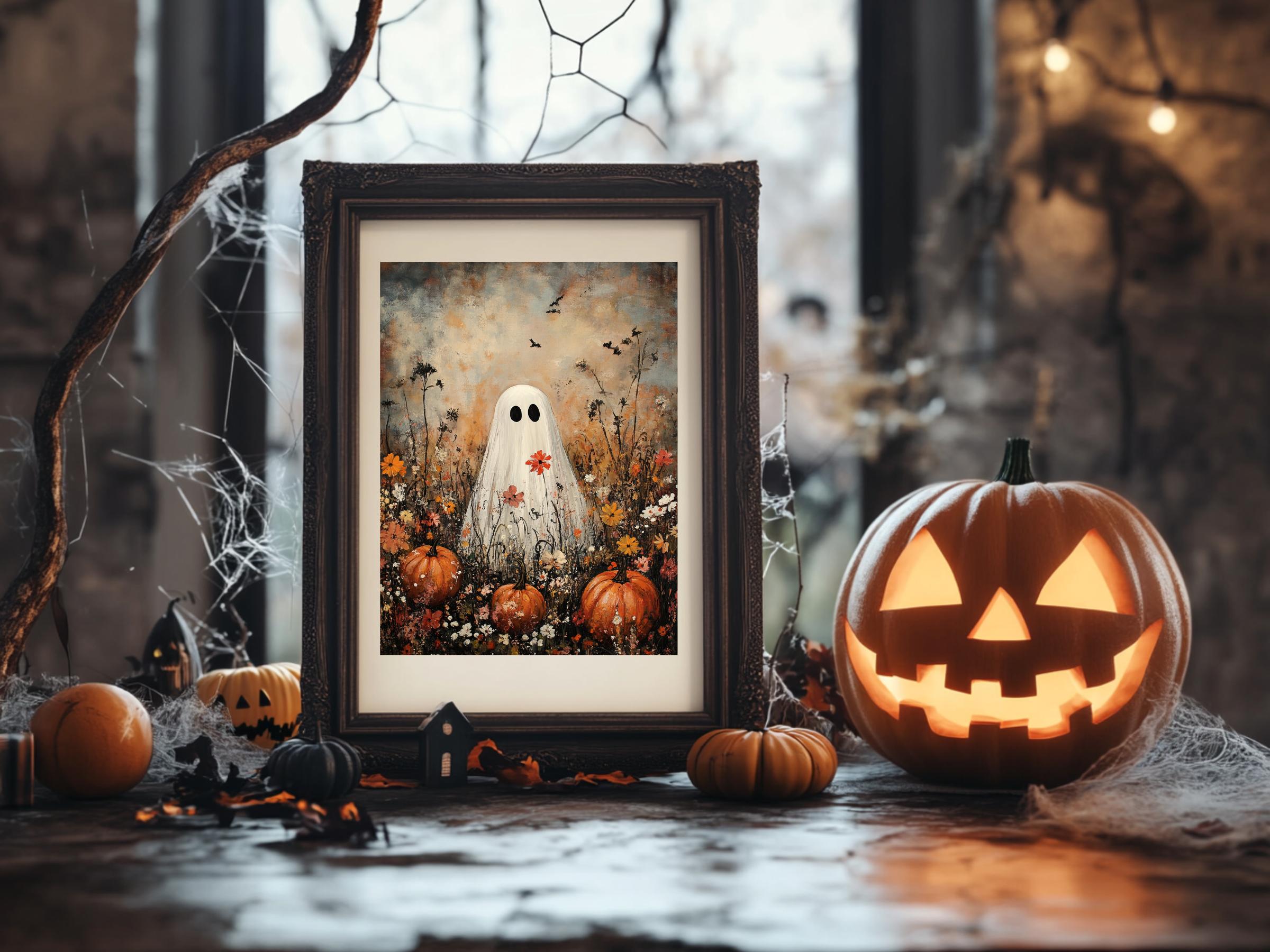 Vintage Cute Ghost Halloween Poster, Charming Pumpkins Field Acrylic ...