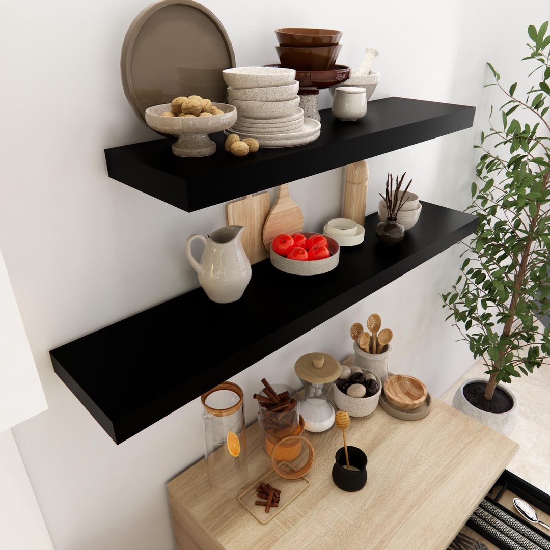 Black Custom Floating Shelves, Kitchen Wall Shelf, Farmhouse Bookshelf ...