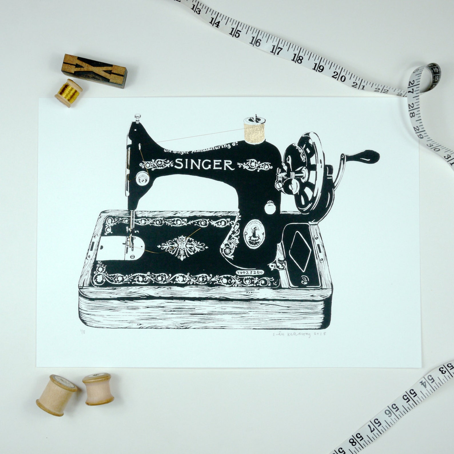 Gold Vintage Sewing Machine Art Screen Print Stitched Antique Black ...