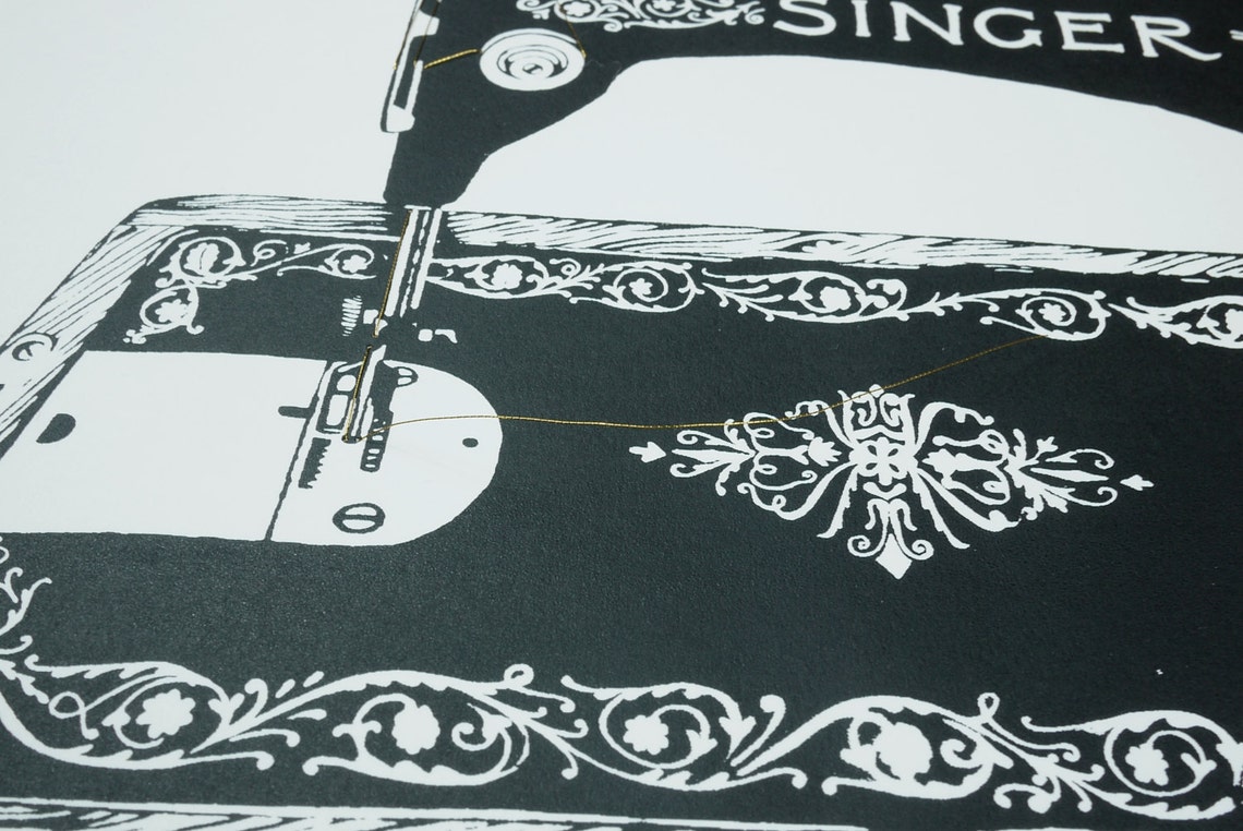 Gold Vintage Sewing Machine Art Screen Print Stitched Antique Black ...