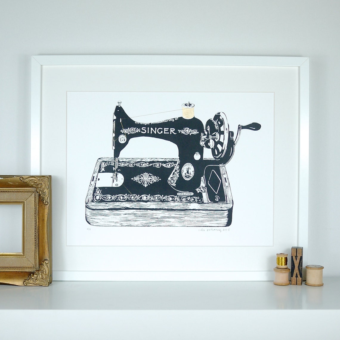 Gold Vintage Sewing Machine Art Screen Print Stitched Antique Black ...