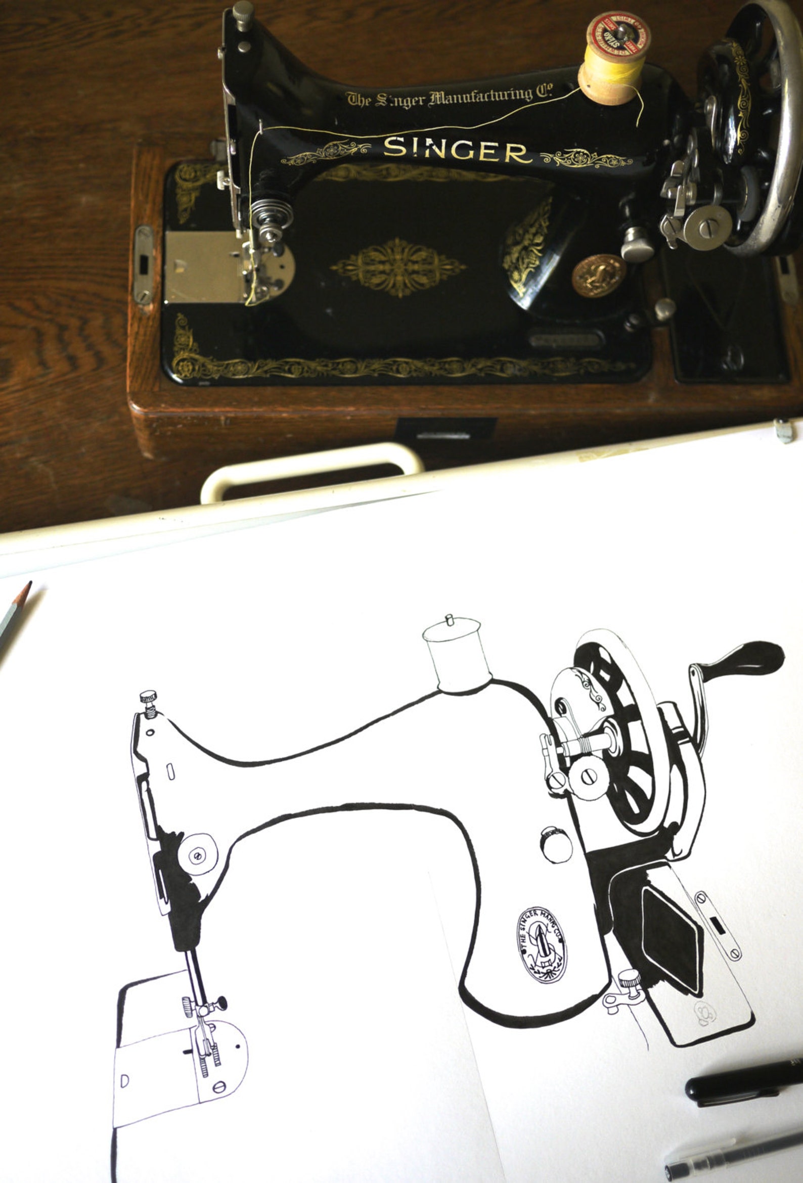 Vintage Sewing Machine Art Screen Print Threaded Antique Red Black ...