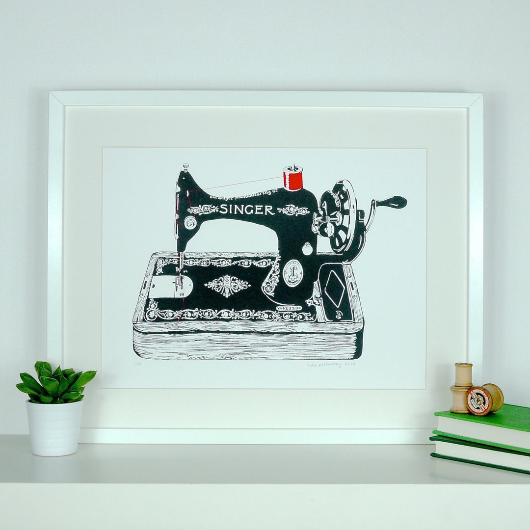 Vintage Sewing Machine Art Screen Print Threaded Antique Red Black ...