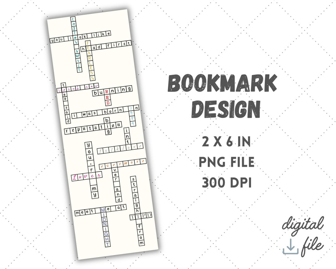 Taylor Eras Bookmark Crossword Design Printable Bookmark Book Lover ...