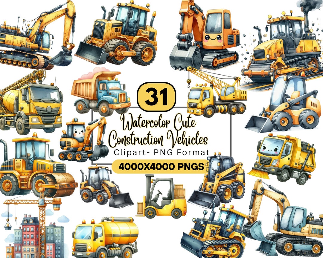 Watercolor Cute Construction Clipart, Kids Birthday Party, Cute Trucks ...