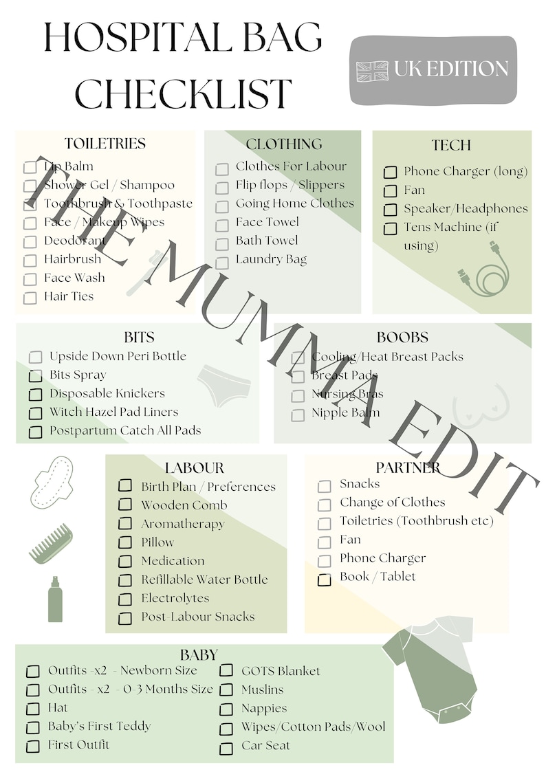 Hospital Bag Packing Checklist UK Edition | Instant Download ...
