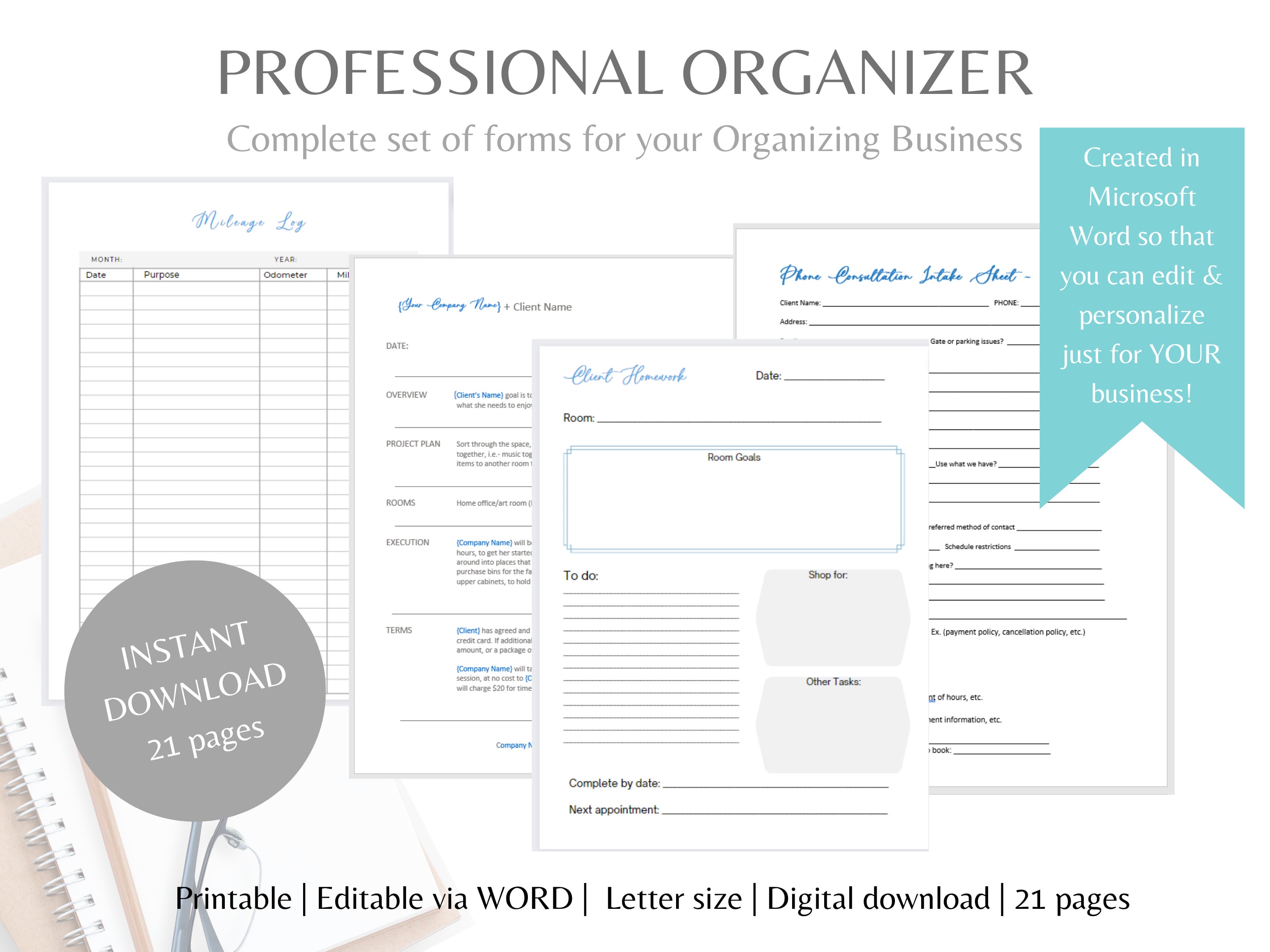 Professional Organizer Business Forms Editable in Word Organizing ...