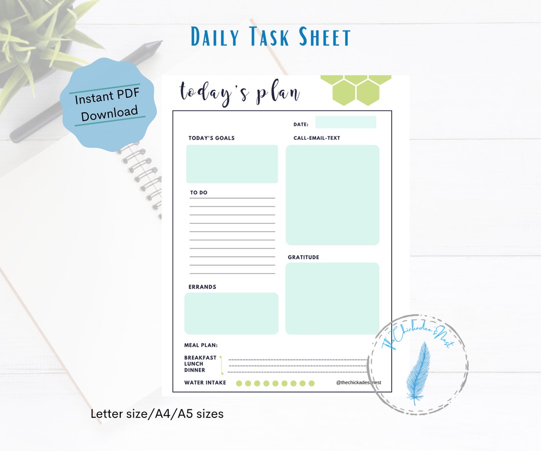 Daily Task Sheet | Daily Planning Sheet | Plan the Day | Letter, A4, A5 ...